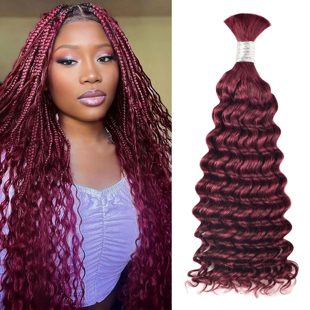 #99J Burgundy Boho Braids Deep Wave No Weft Bulk Hair for Human Hair C ...
