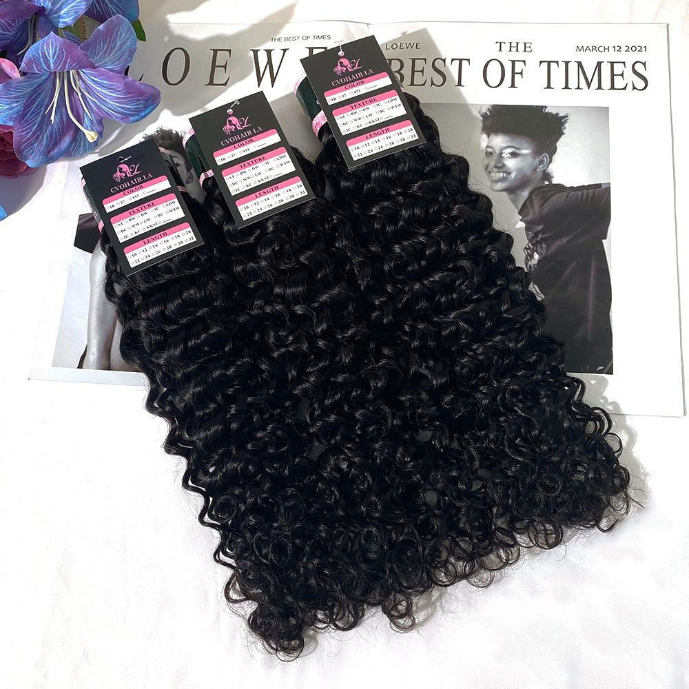 #1B Deep Curly 10A Hair Weave Bundles Brazilian Virgin Human Hair Cutc ...
